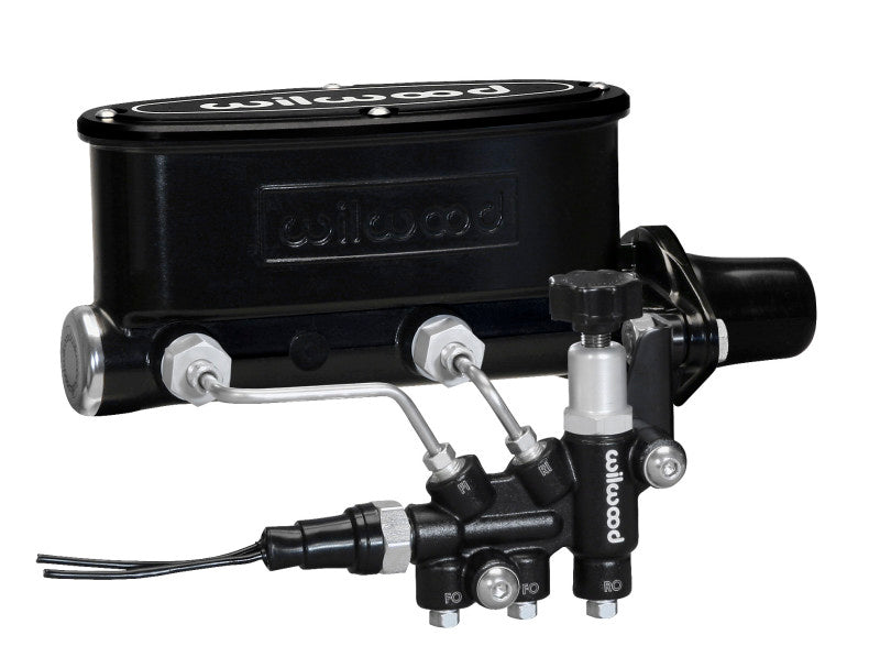 Wilwood HV Tandem M/C Kit w L/H Bracket & Prop Valve - 1 1/8in Bore Bl
